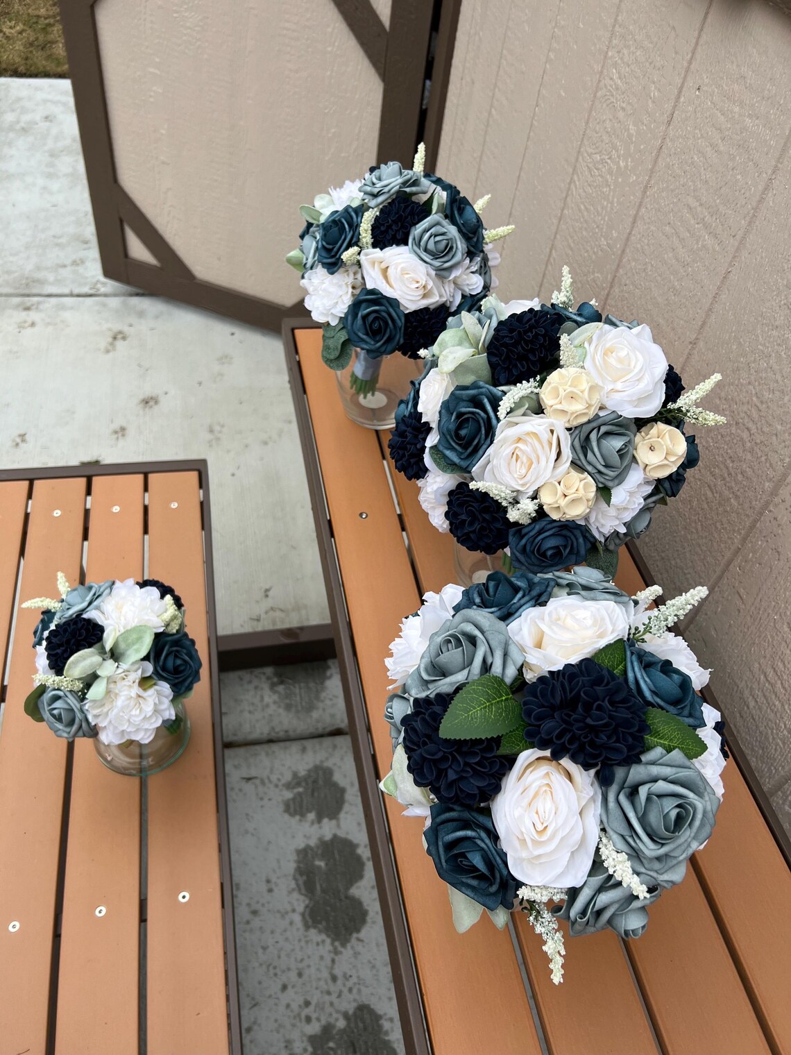 Dusty Blue, Navy Blue and White With Greenery Hand Tied Round Wedding ...
