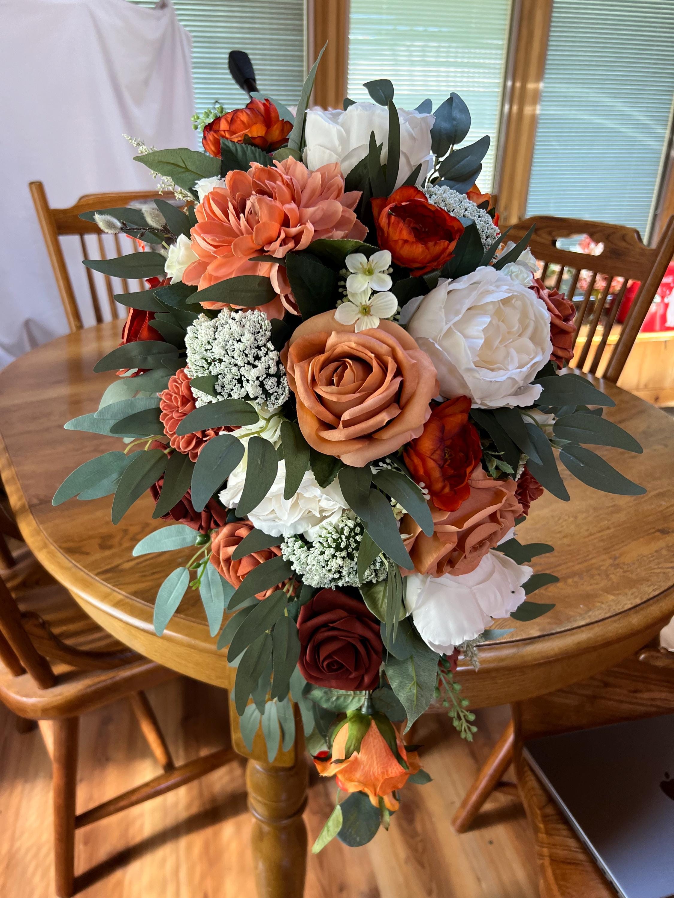 Cascade Burnt Orange, Sage Green, Peach, Ivory Fall / Autumn Bridal Bouquet - Etsy