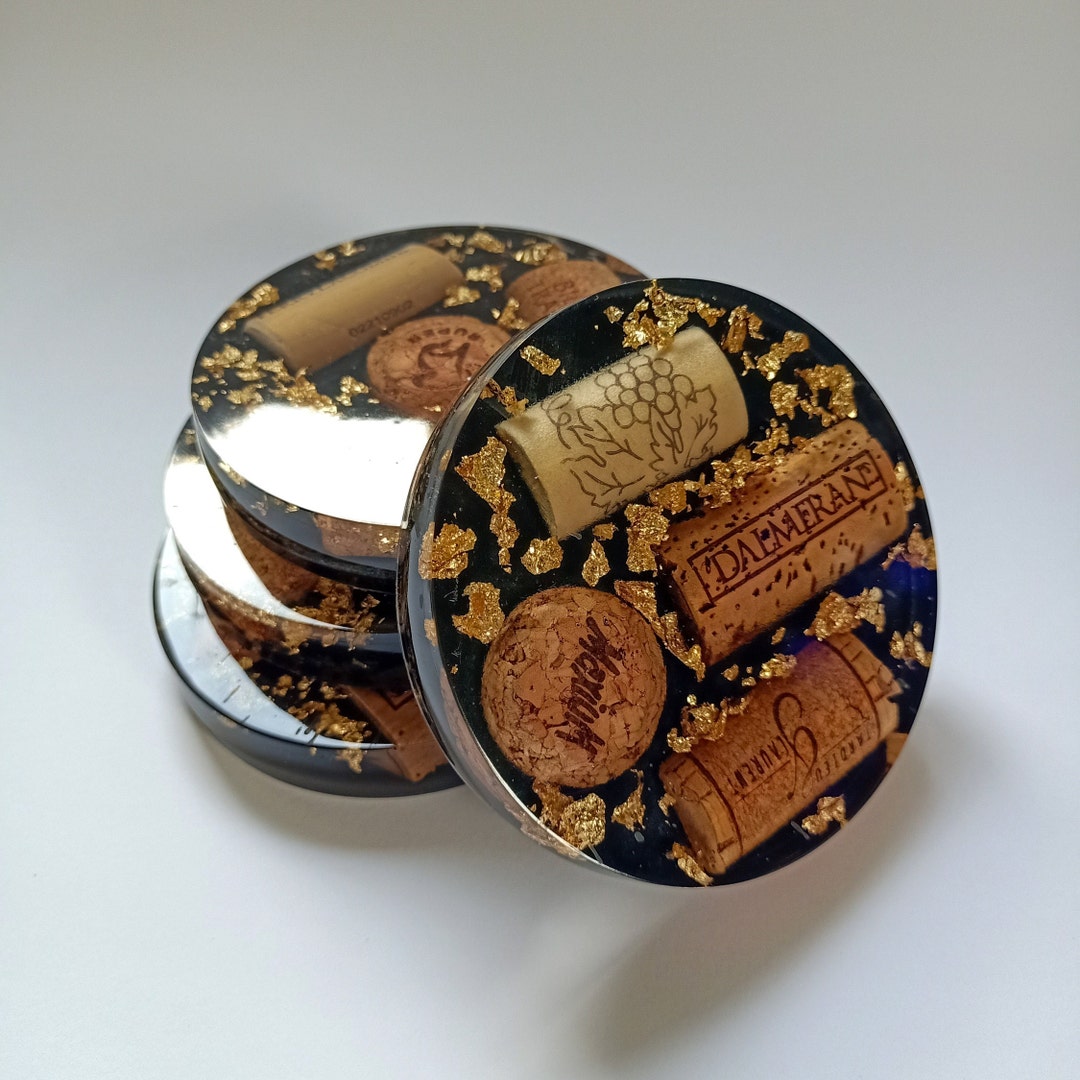 Epoxy Resin Coasters With French Wine Corks, Gold Flakes, Round Coaster ...