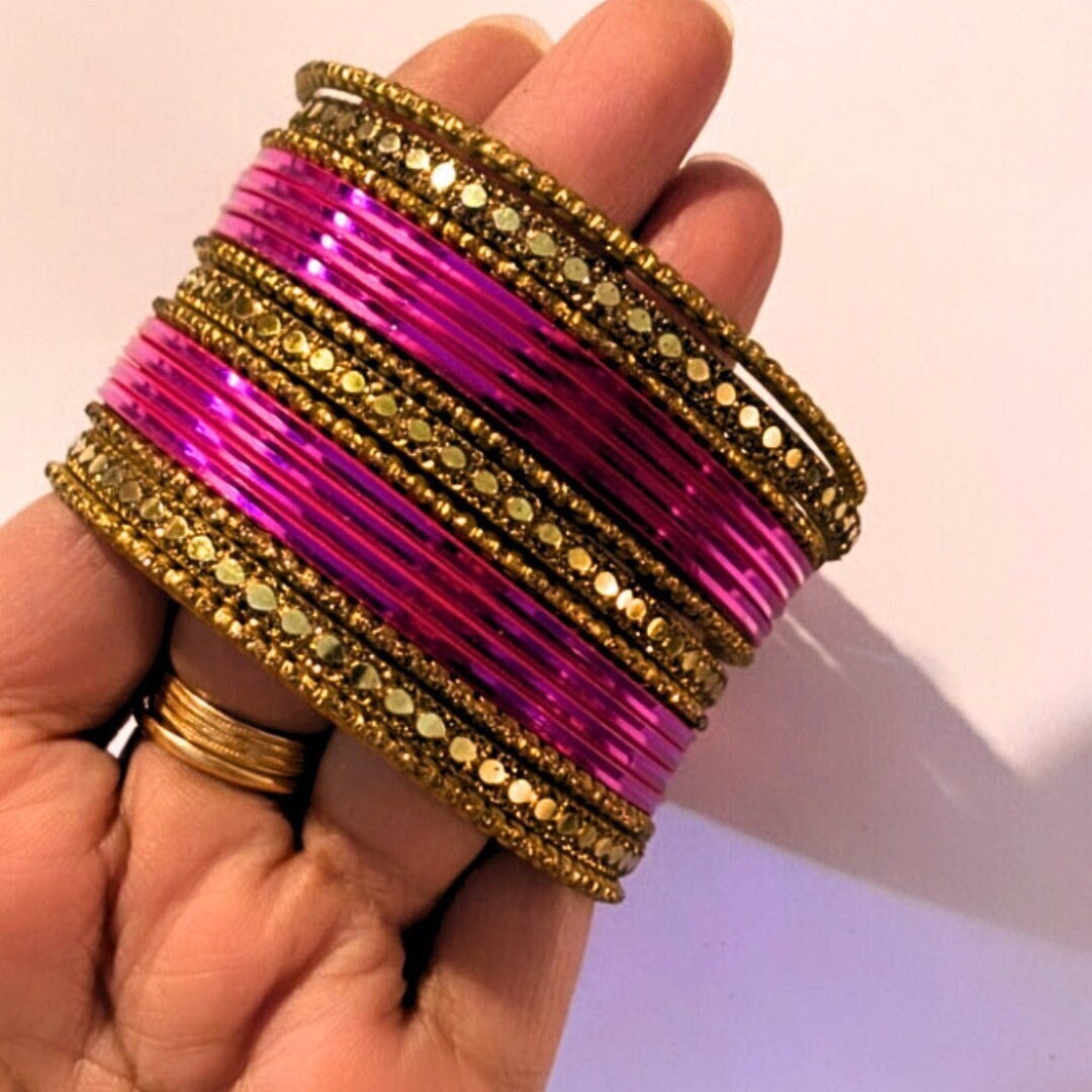 8.5" Gift Box Hot Pink India Wedding Bangles Multi-colored Glass Gold ...