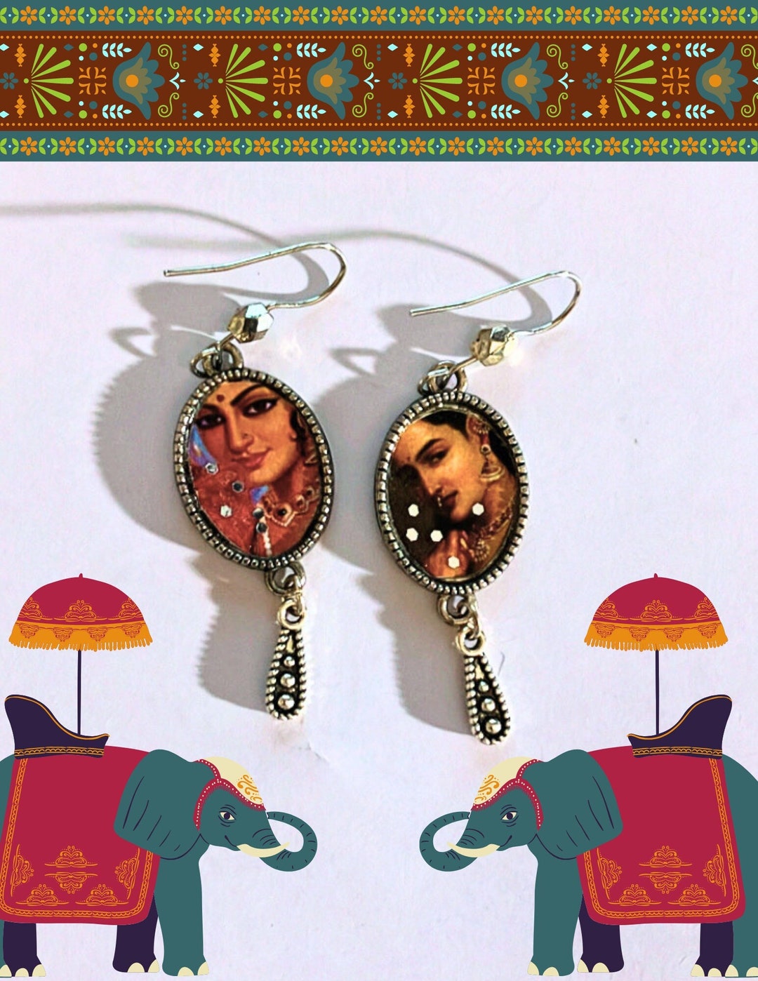 Handmade Raja Ravi Indian Painting Photo Faux Silver Red Print Glitter ...