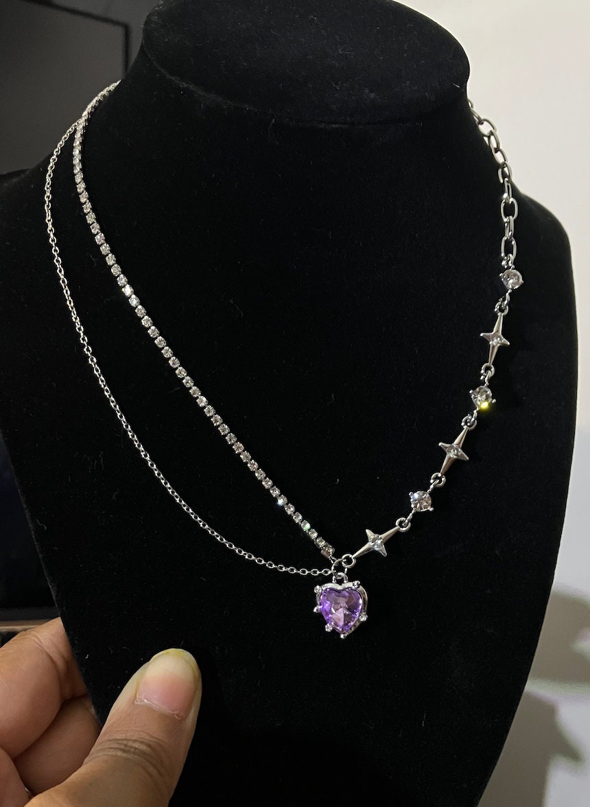 Girly Baddie Purple Lavender Silver Crystal Heart Necklace Fashion ...