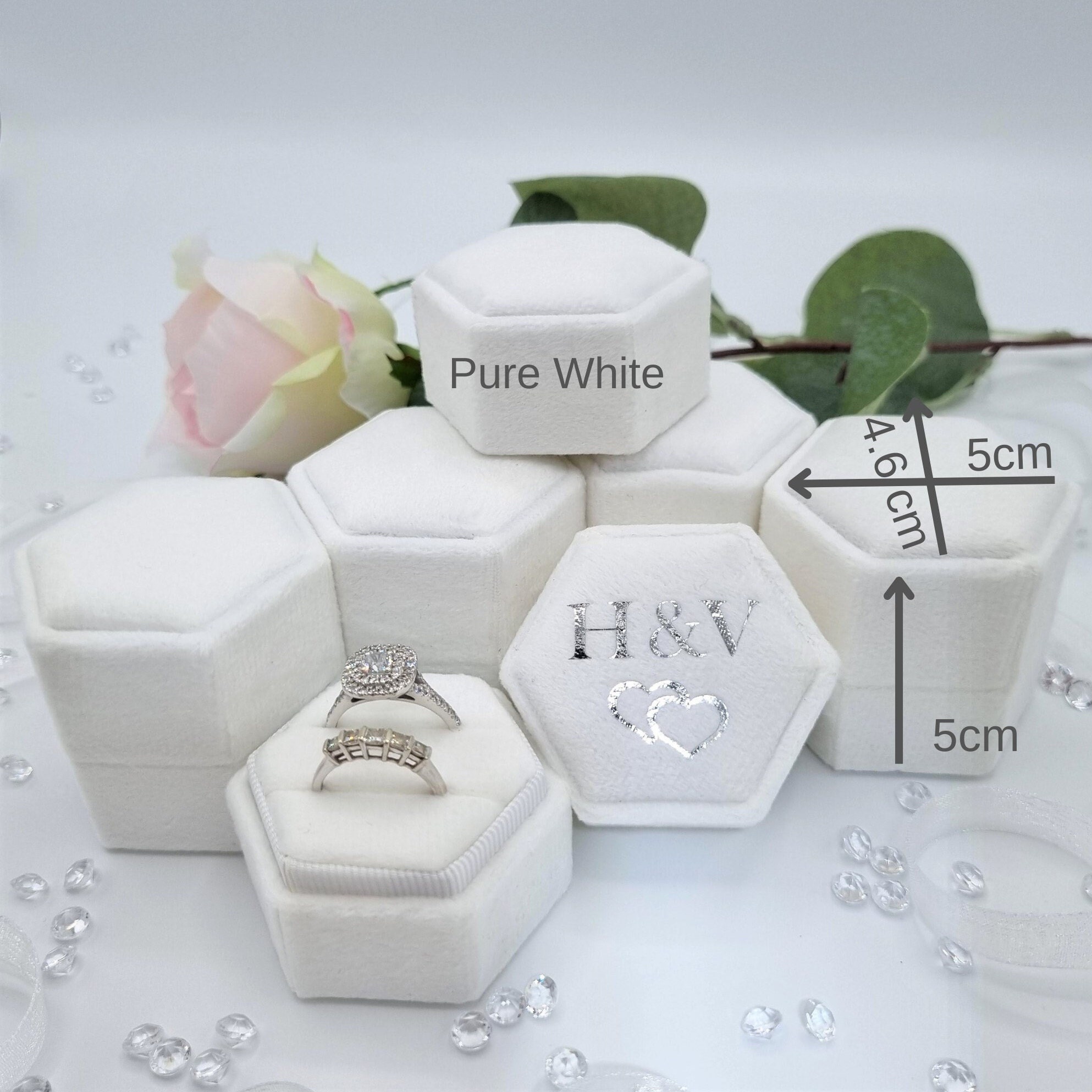 White Hexagonal Velvet Ring Box With Two Slots, Personalised White Ring ...