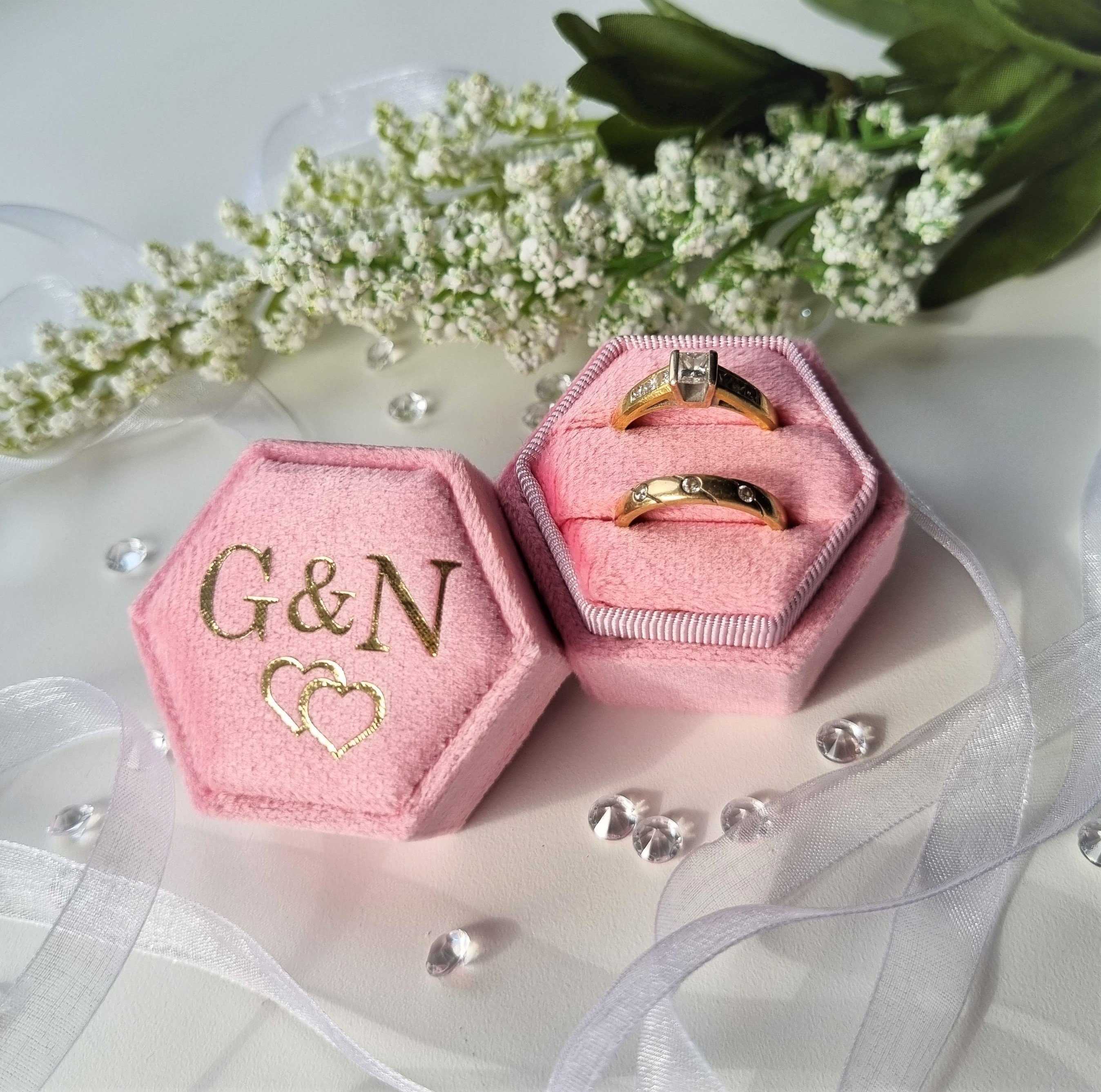 Velvet Ring Box Pink Hexagonal With Two Slots Personalised - Etsy UK