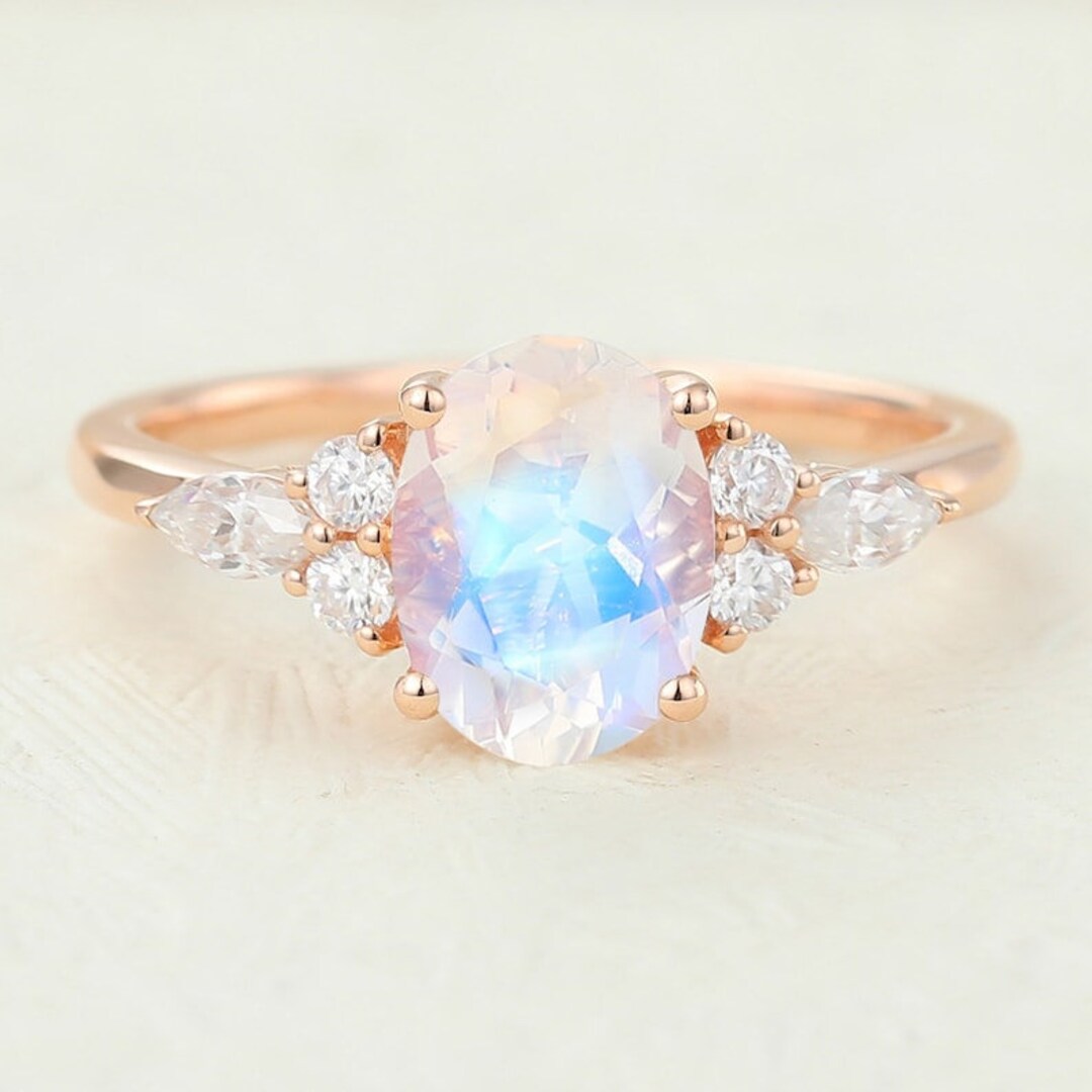 14K Solid Gold Moonstone Engagement Ring, Oval Cut Moonstone Ring ...