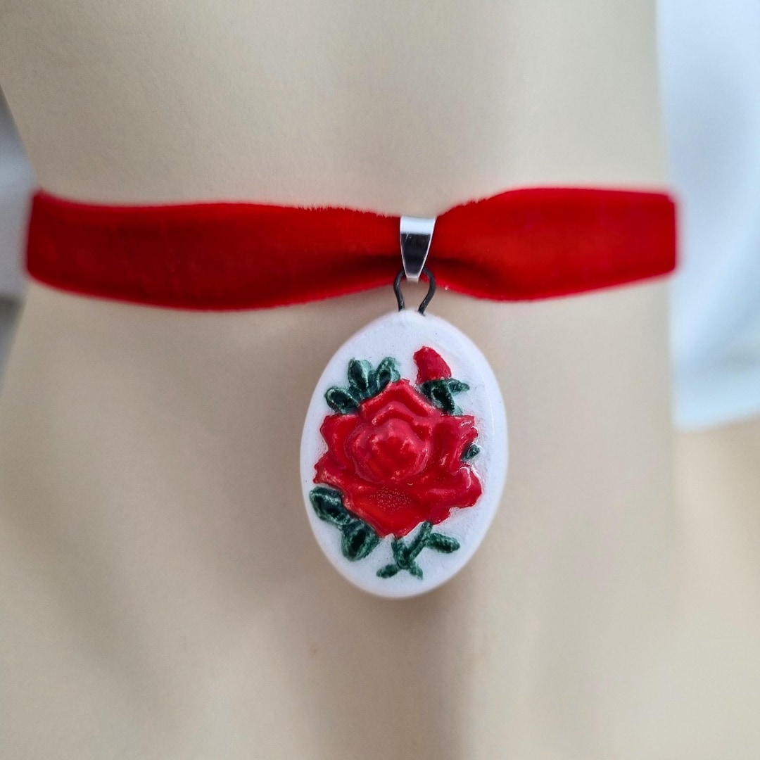 Romantic Red Rose Choker With Ribbon Velvet , XOXO Ceramic Pendant ...
