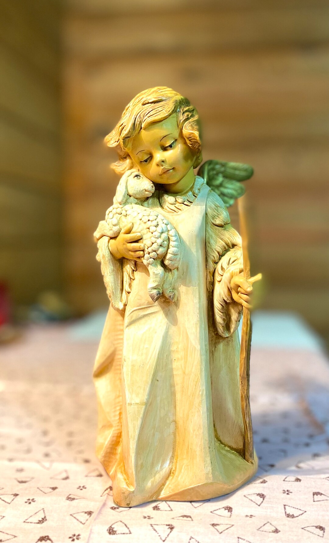 Vintage 1988 Fontanini Figurine Angel Holding a Lamb, Gold Wings Angel ...