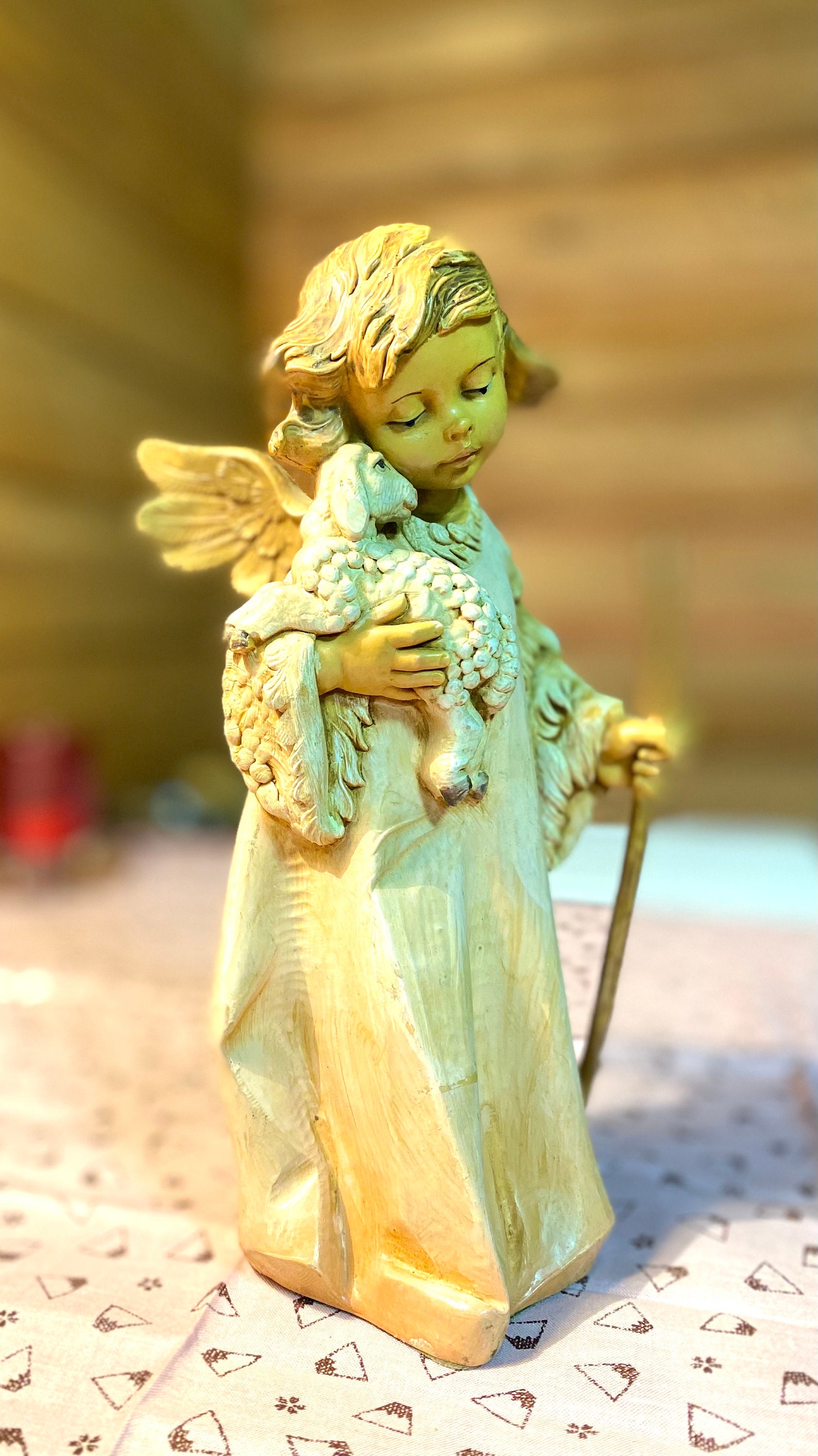 Vintage 1988 Fontanini Figurine Angel Holding a Lamb, Gold Wings Angel ...