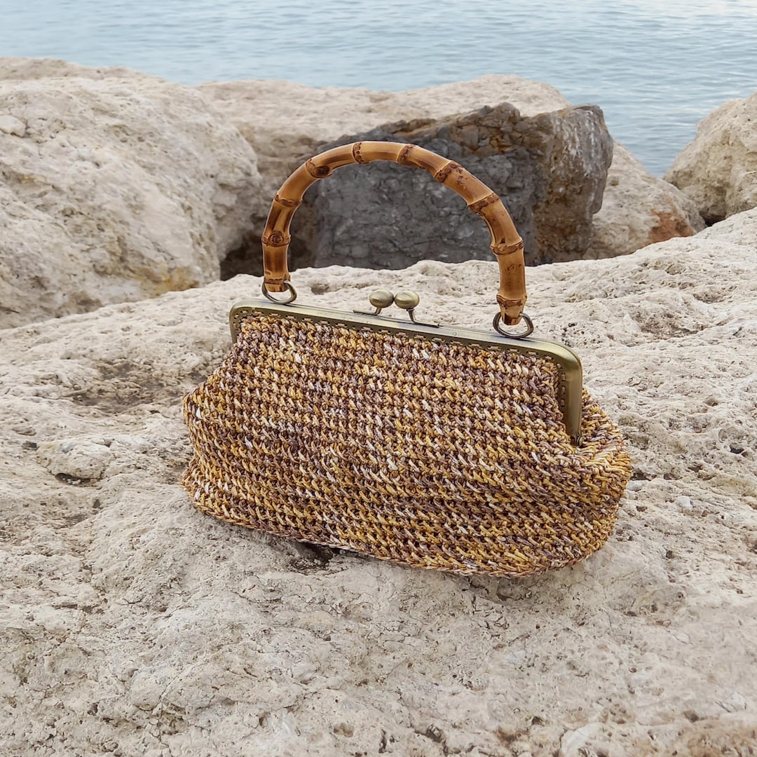 Chic Brown Natural Straw Bag, Bamboo Handle Elegant Bag, Hand Knitted ...