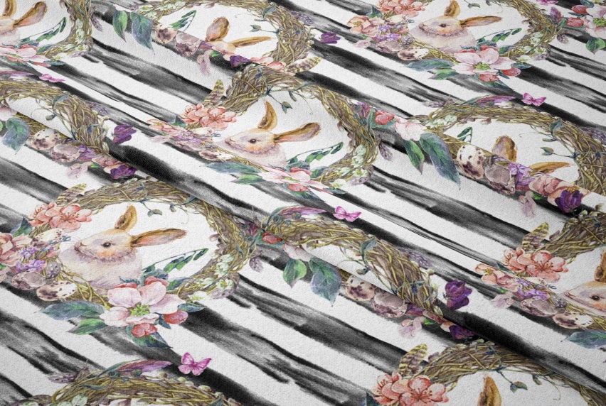 Easter Print Fabric,easter Bunny in Flowers on a Watercolor Striped ...