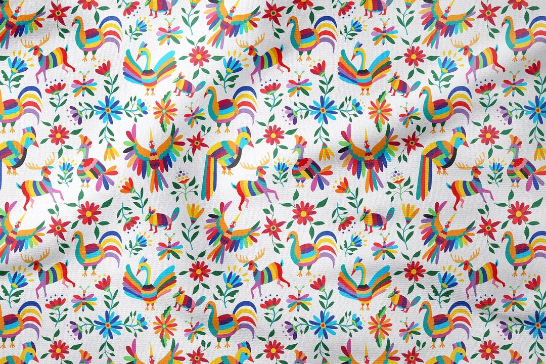 Otomi Mexican Print Fabric,colorful Animal Pattern,deer,peacock,bird ...