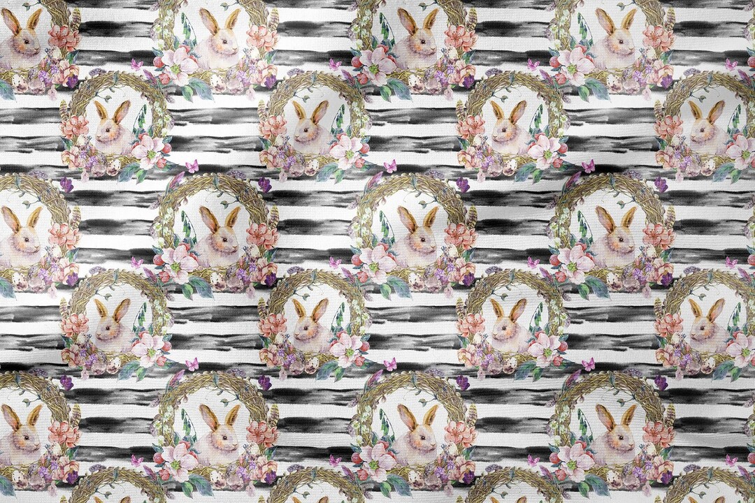 Easter Print Fabric,easter Bunny in Flowers on a Watercolor Striped ...