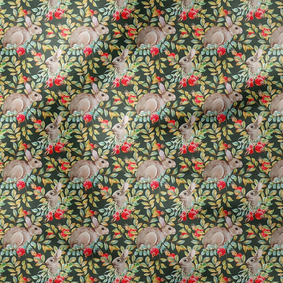 Easter Print Fabric,easter Bunny in Greenery and Red Buds,easter ...