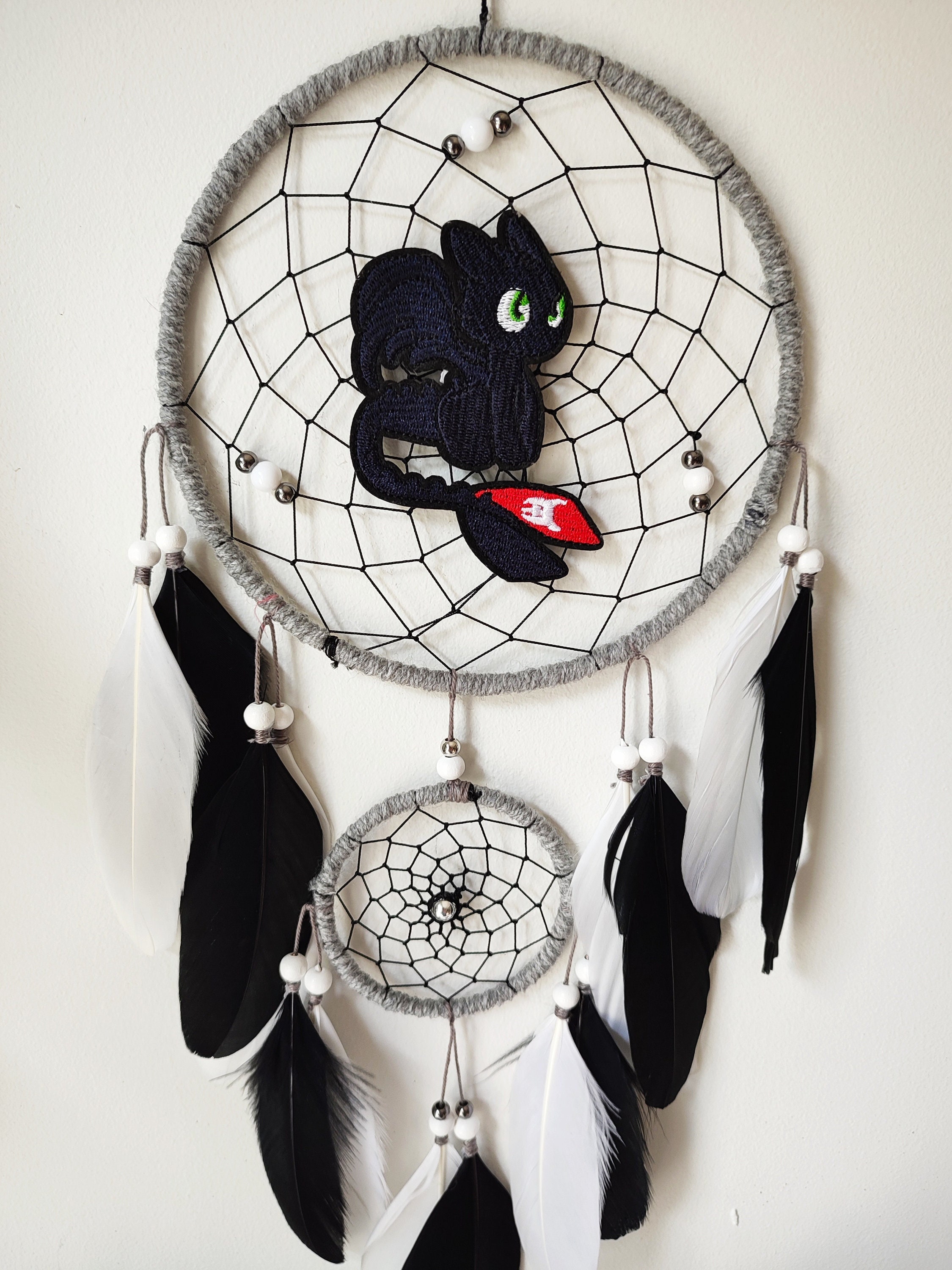 Toothless Dragon Dreamcatcher, Black & White Feather Wall Hanging - Etsy