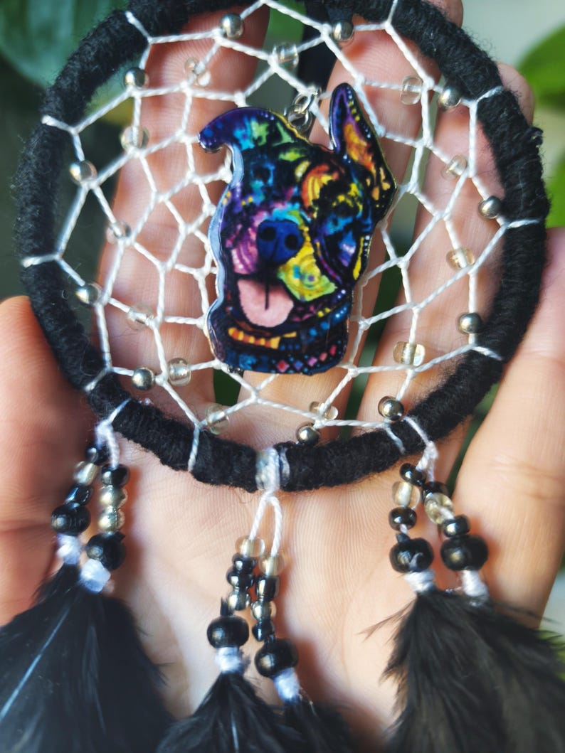 Pitbull Car Charm, Dog Dreamcatcher Black, Rear View Mirror, Car ...