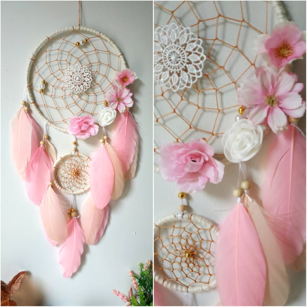 Flower Dream Catcher Pink Dreamcatcher, Boho Bedroom Wall Flower Dream Catcher Pink Dreamcatcher, Boho Bedroom Wall