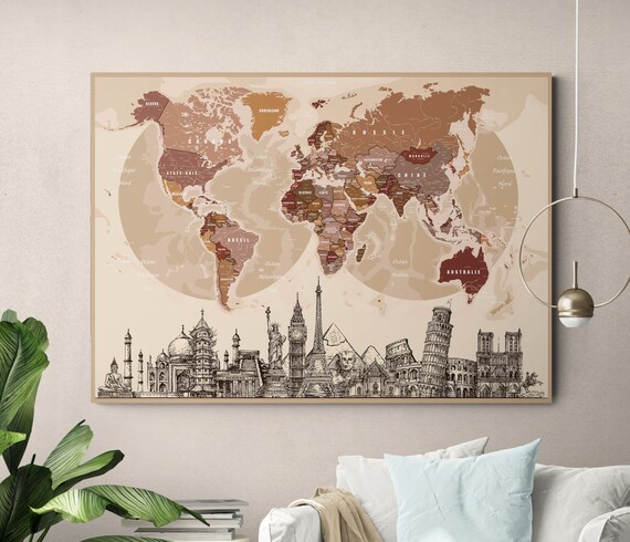 World Map With Monuments - Etsy