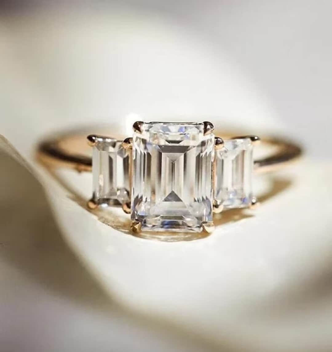 3 79 Ct Emerald Cut Three Stone Engagement Ring For Her Etsy