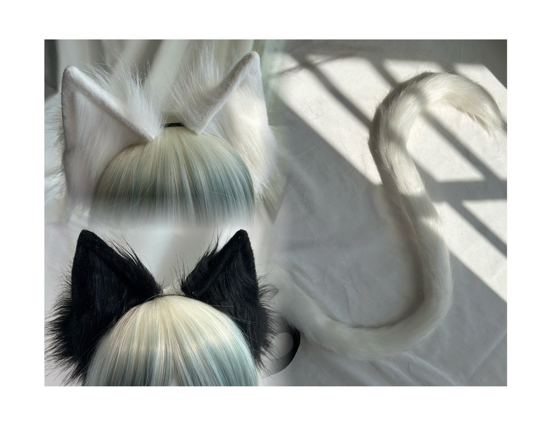 White Black Cat Ears Tail Set for Halloween Cosplay Cat Kitten - Etsy
