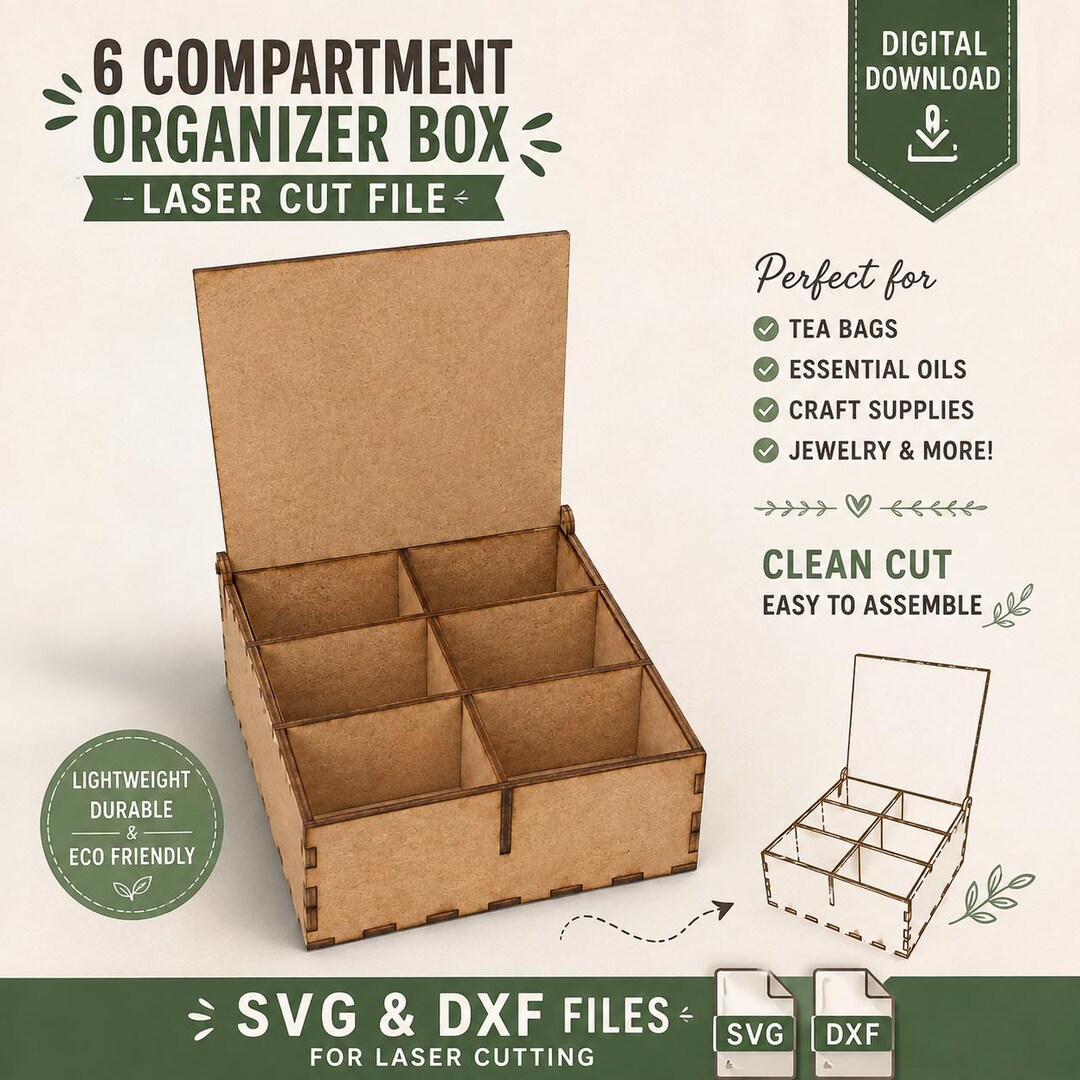 Laser Cut Box SVG, 6 Compartment Box, Box Cutting File, Organizer Box ...