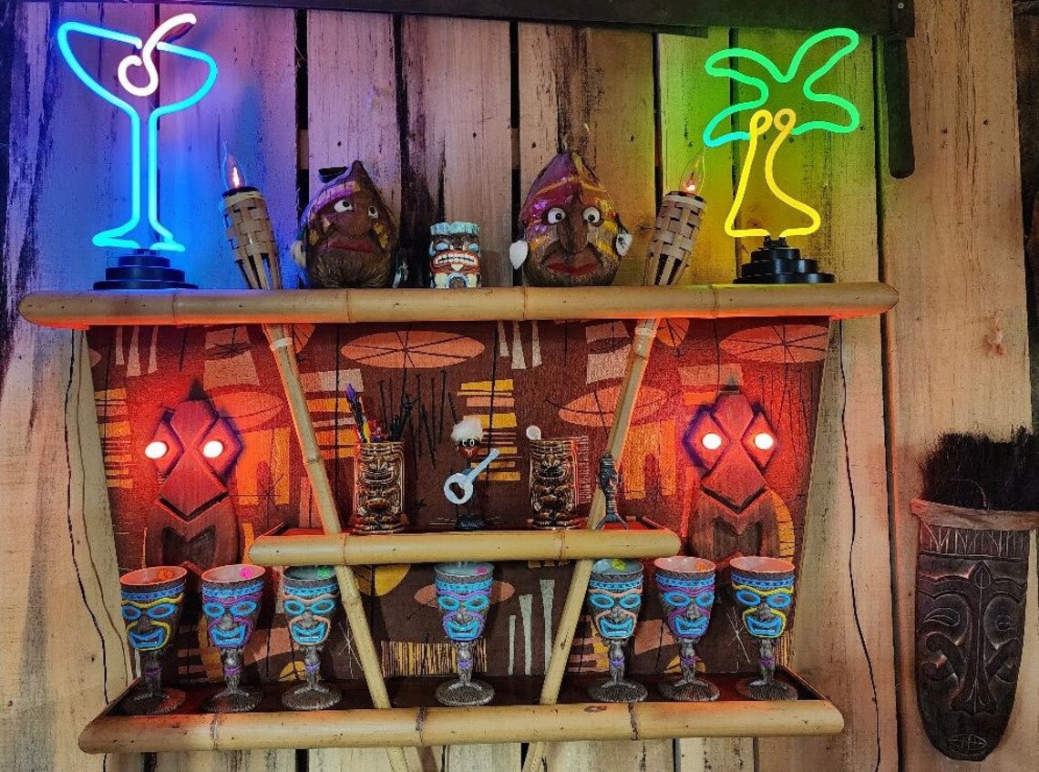 Vintage Tiki Bar With Back Bar, Stools, & Accessories - Etsy