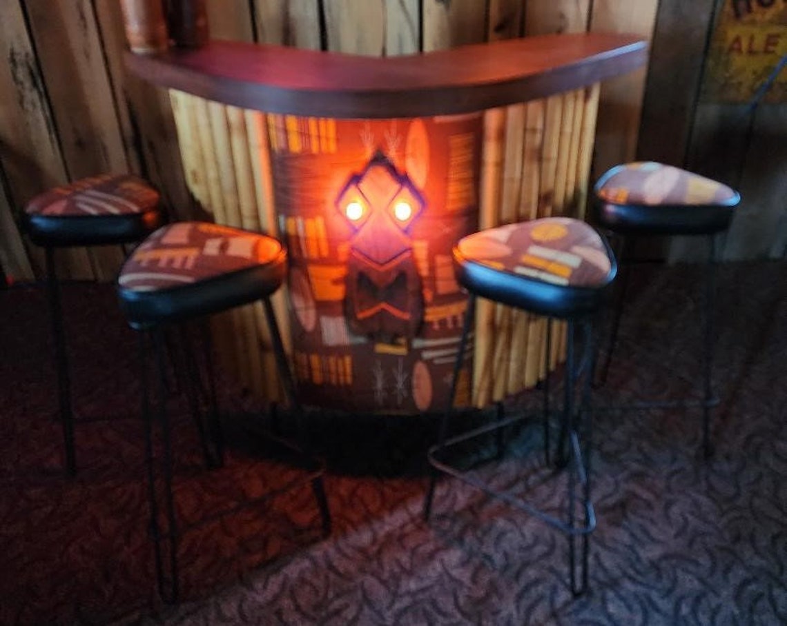 Vintage Tiki Bar With Back Bar, Stools, & Accessories - Etsy