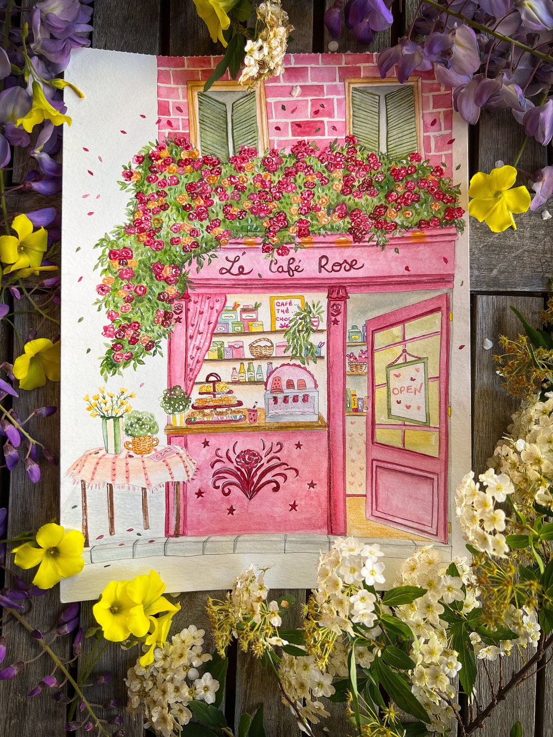The Pink Cafe - Watercolor Illustration of Spring Flowers in Retro ...