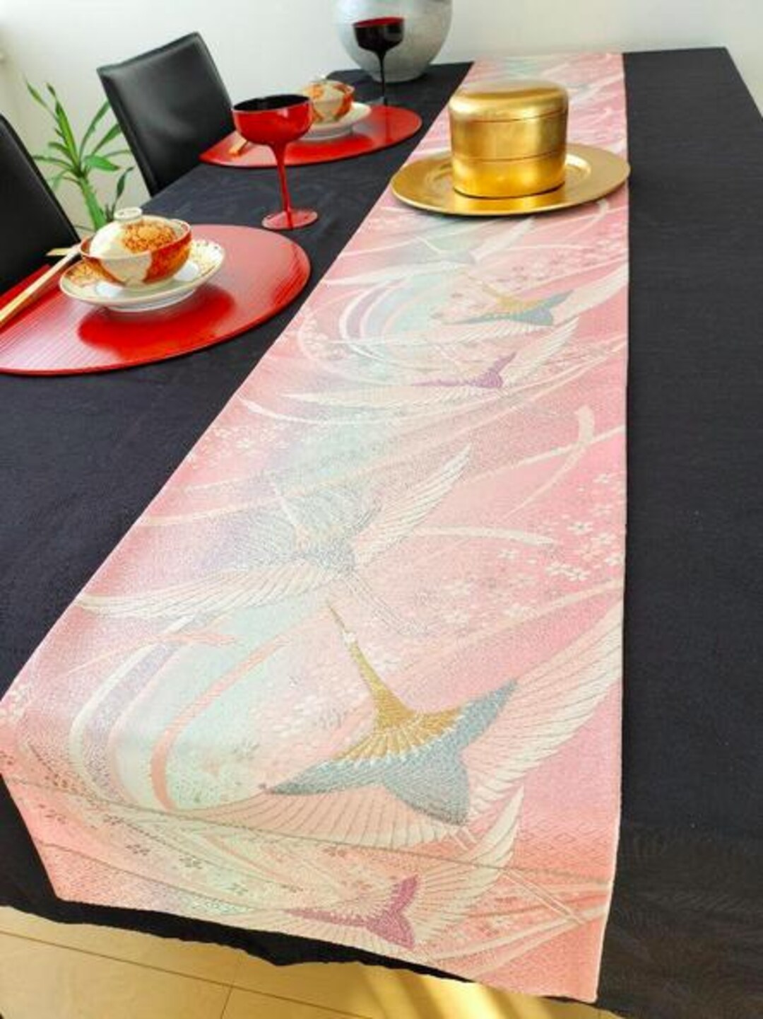 Lovely Pink,lucky Crane,cherry Blossom Pattern Japanese Antique Obi ...