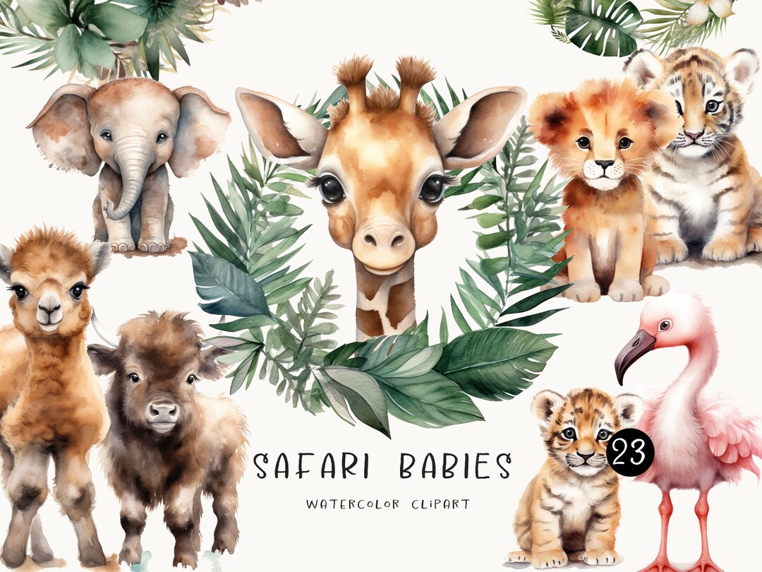 Watercolor Baby Safari Animals Clipart for Commercial Use, Nursery ...