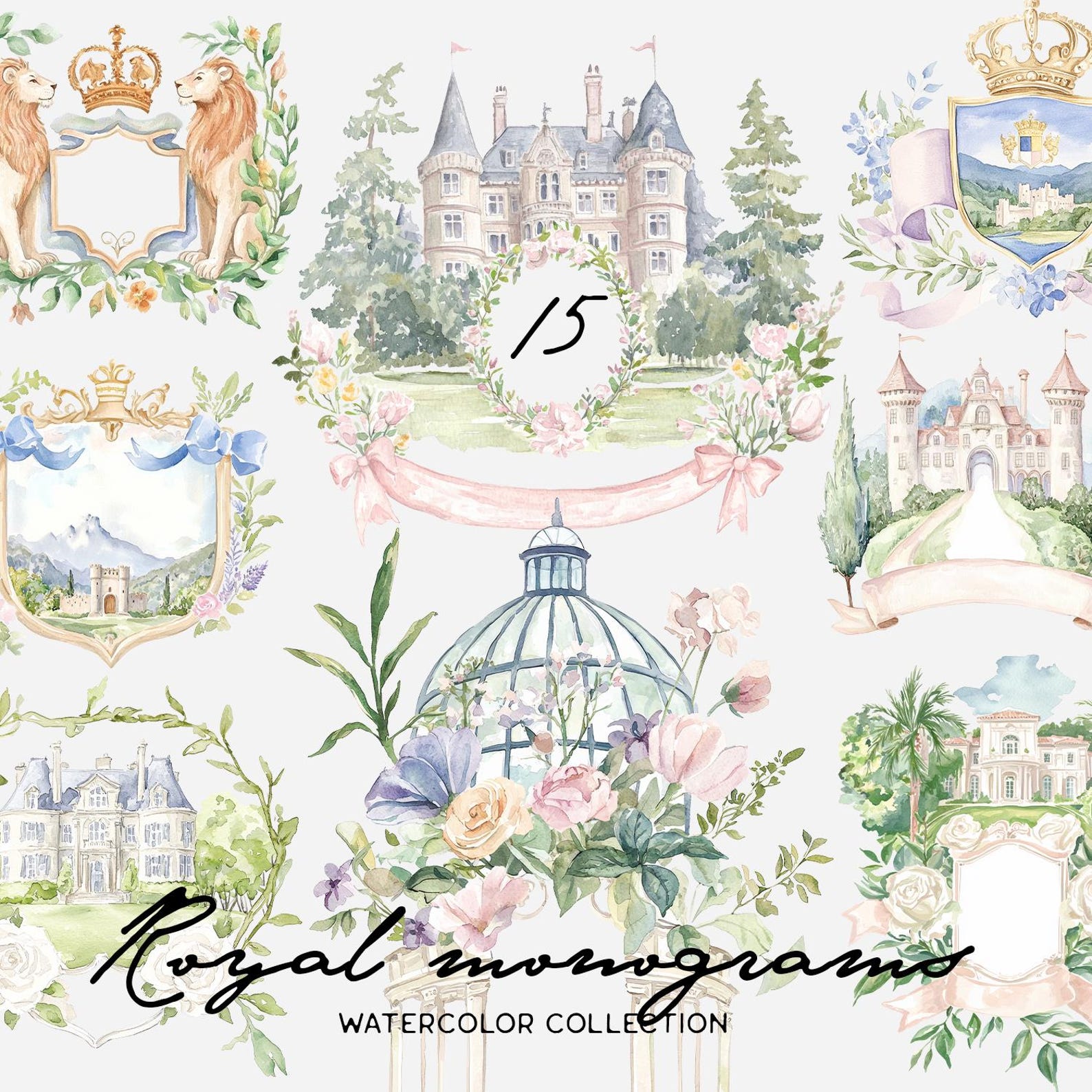 Watercolor Wedding Crests: Royal Monograms, Castle Clipart (PNG Files ...