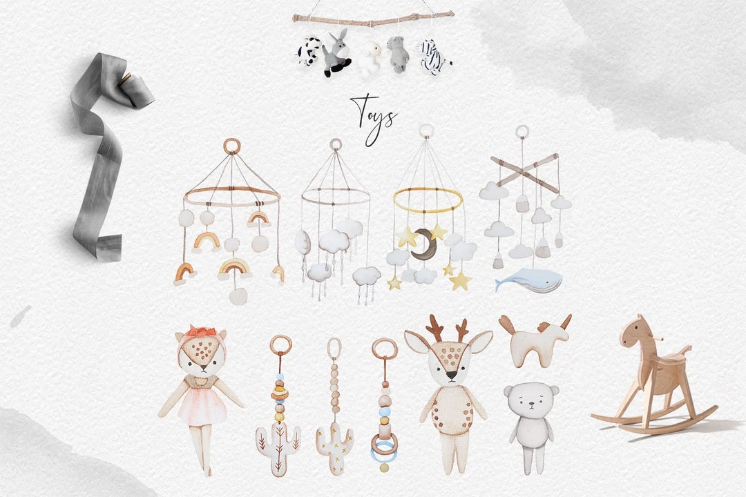 Baby Toys and Mobile Watercolor Png Files. Birthday Baby Clipart ...