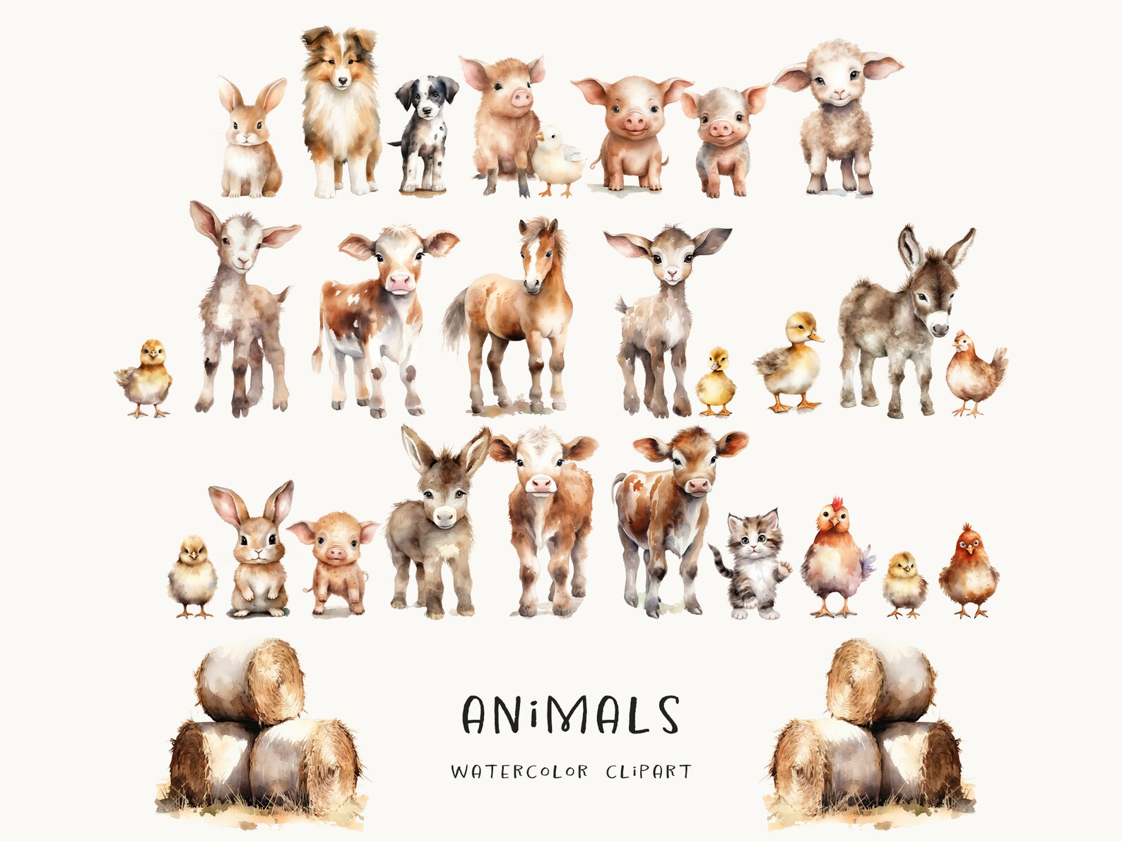 Watercolor Farm Babies Clipart Cute Animals for Commercial - Etsy