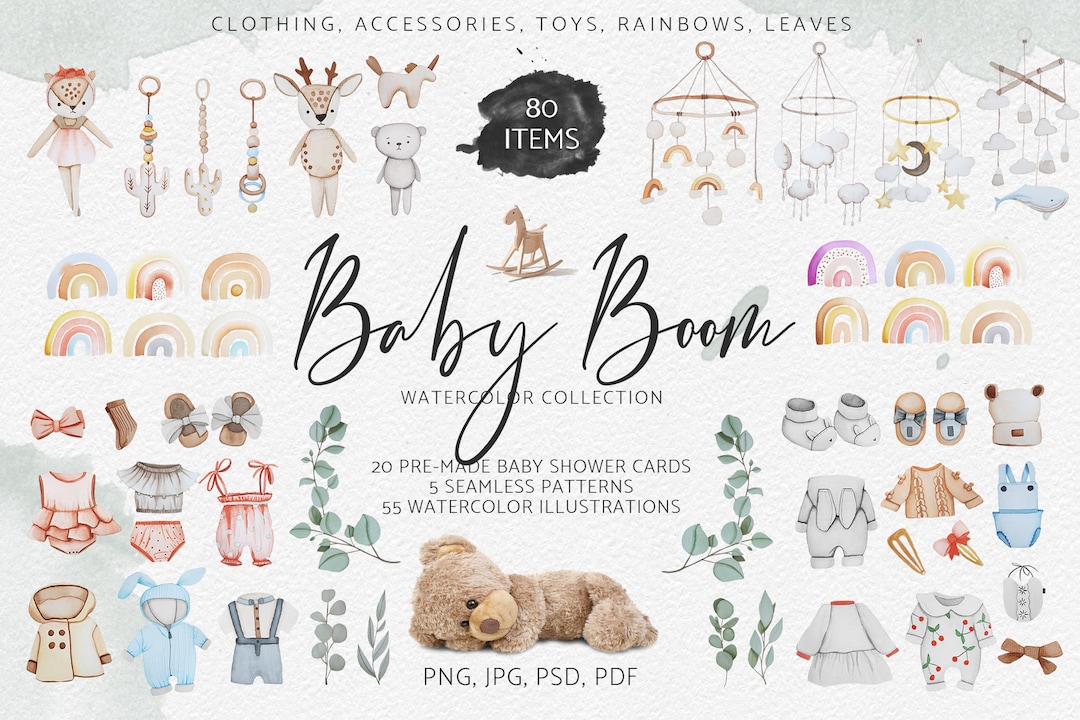 Baby Boom Watercolor Clipart, Watercolor Baby Elements for Boy and Girl ...