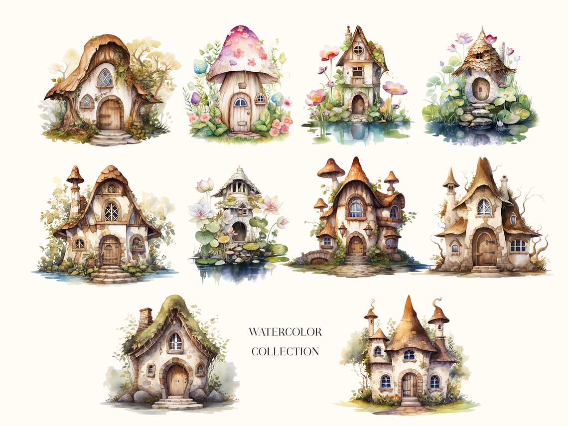 Watercolor Fairy Houses Clipart. 10 Digital Illustrations - Etsy