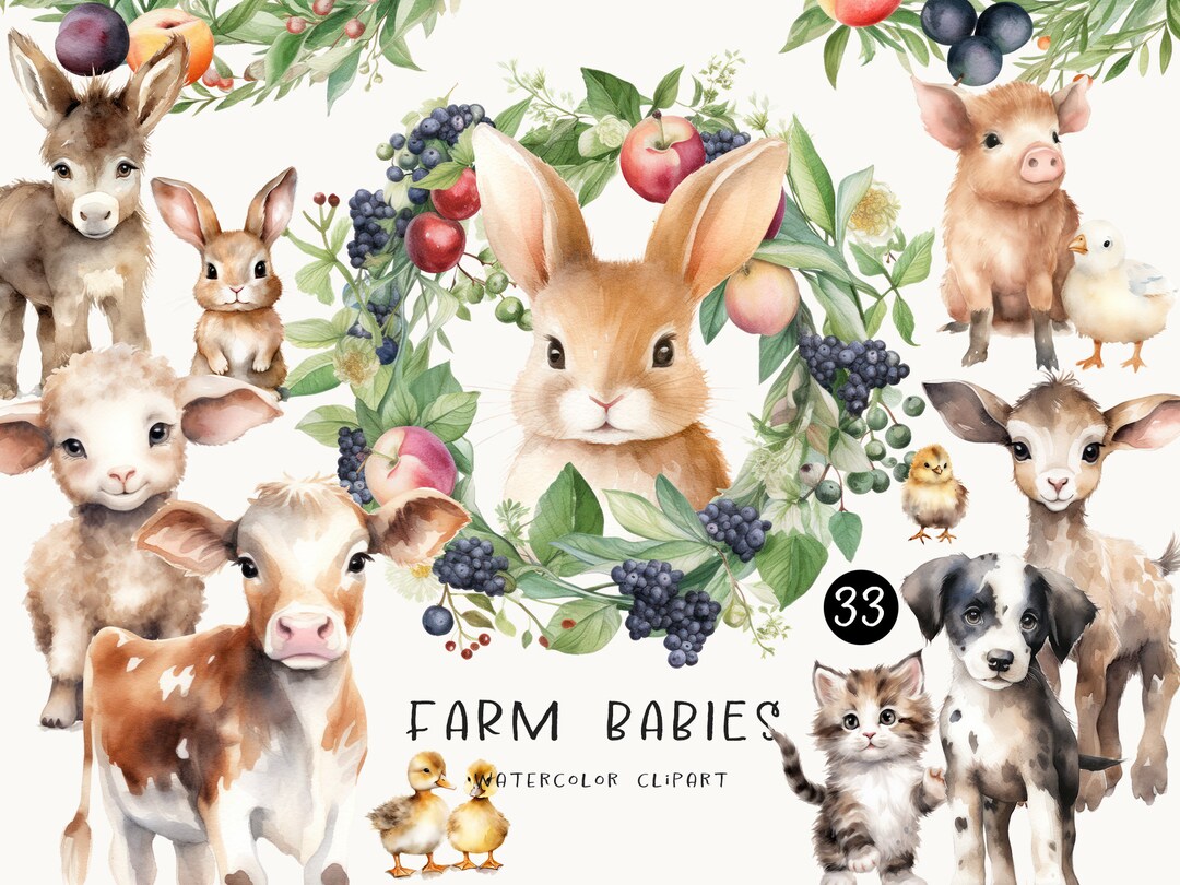 Watercolor Farm Babies Clipart, Cute Animals for Commercial Use ...