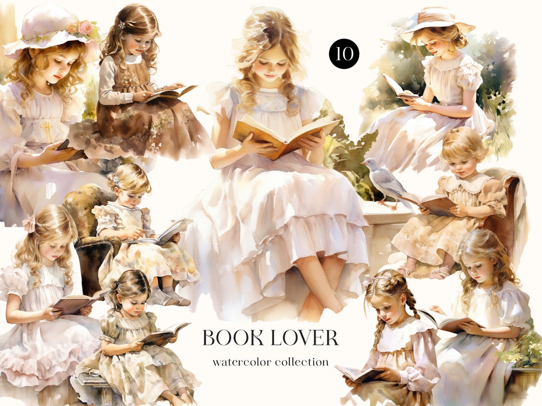 Vintage Girl Clipart. Book Lover Illustration. Book Clip Art ...