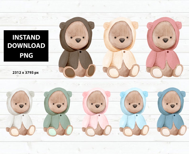 Hooded Bear Watercolor Clipart: Baby Shower PNG Bundle (digital ...