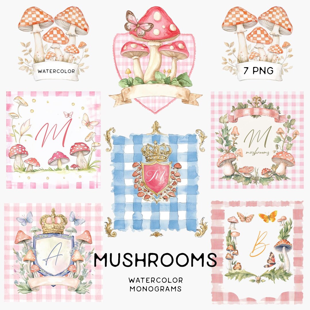 Watercolor Mushroom Monogram Baby Crest - Custom Baby Shower Invitation ...