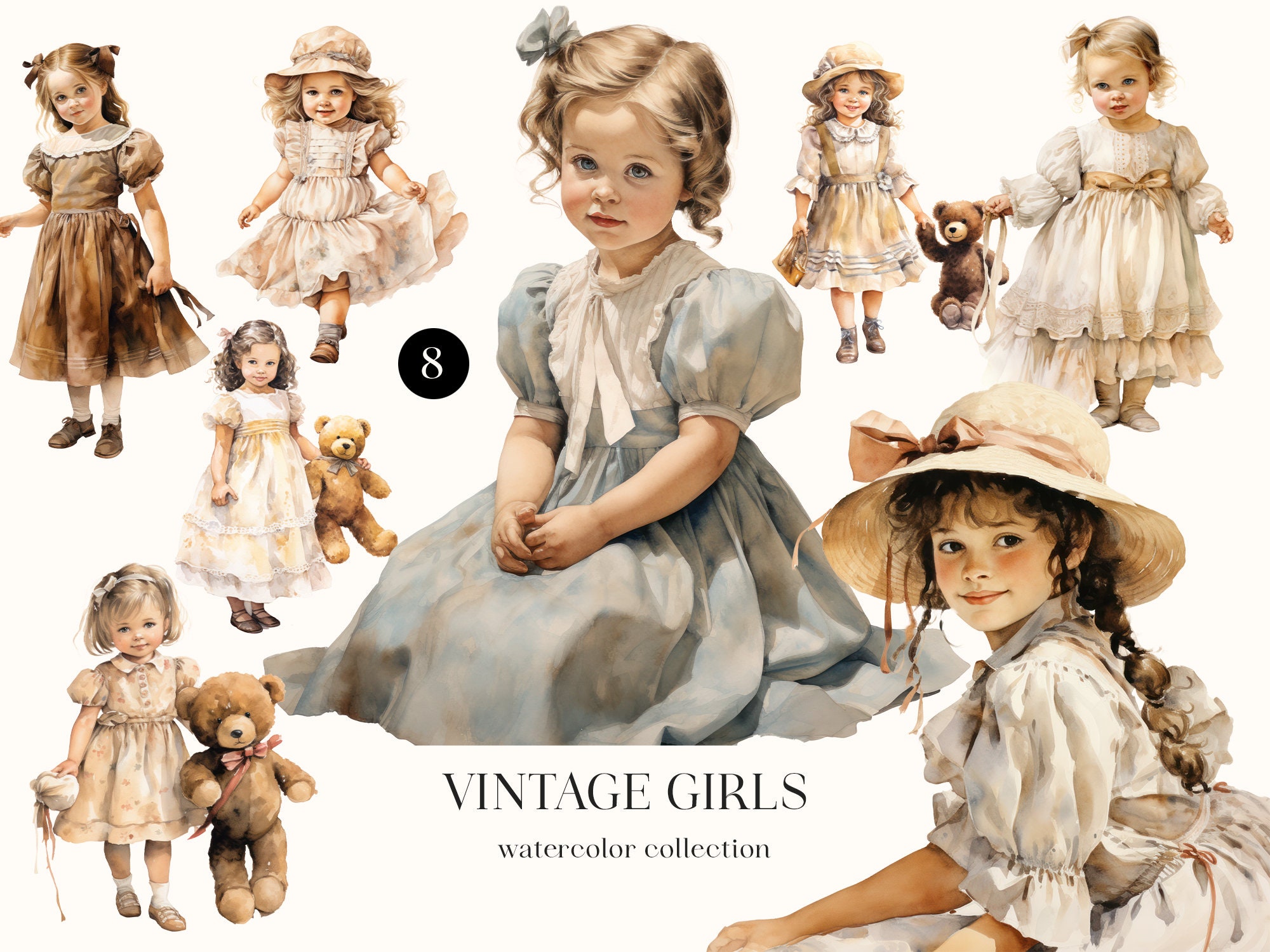 Vintage Watercolor Girl Clipart. Vintage Bundle Baby (Download Now) - Etsy