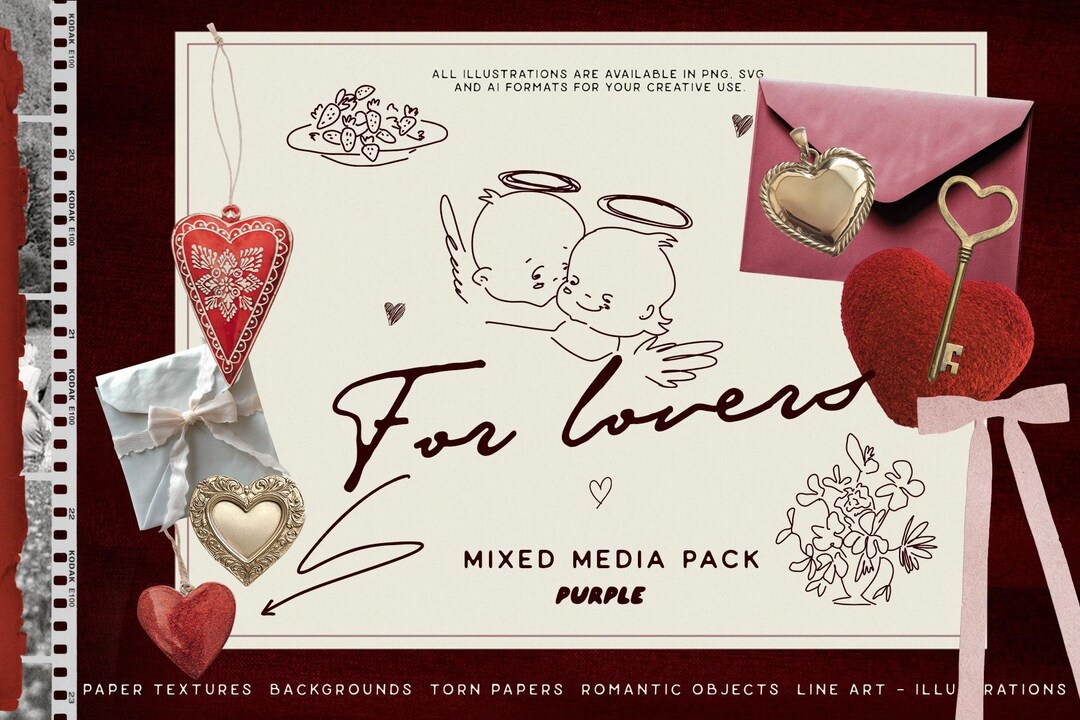 Valentine's Day Scrapbook Kit: Line Art, Paper Textures (digital ...