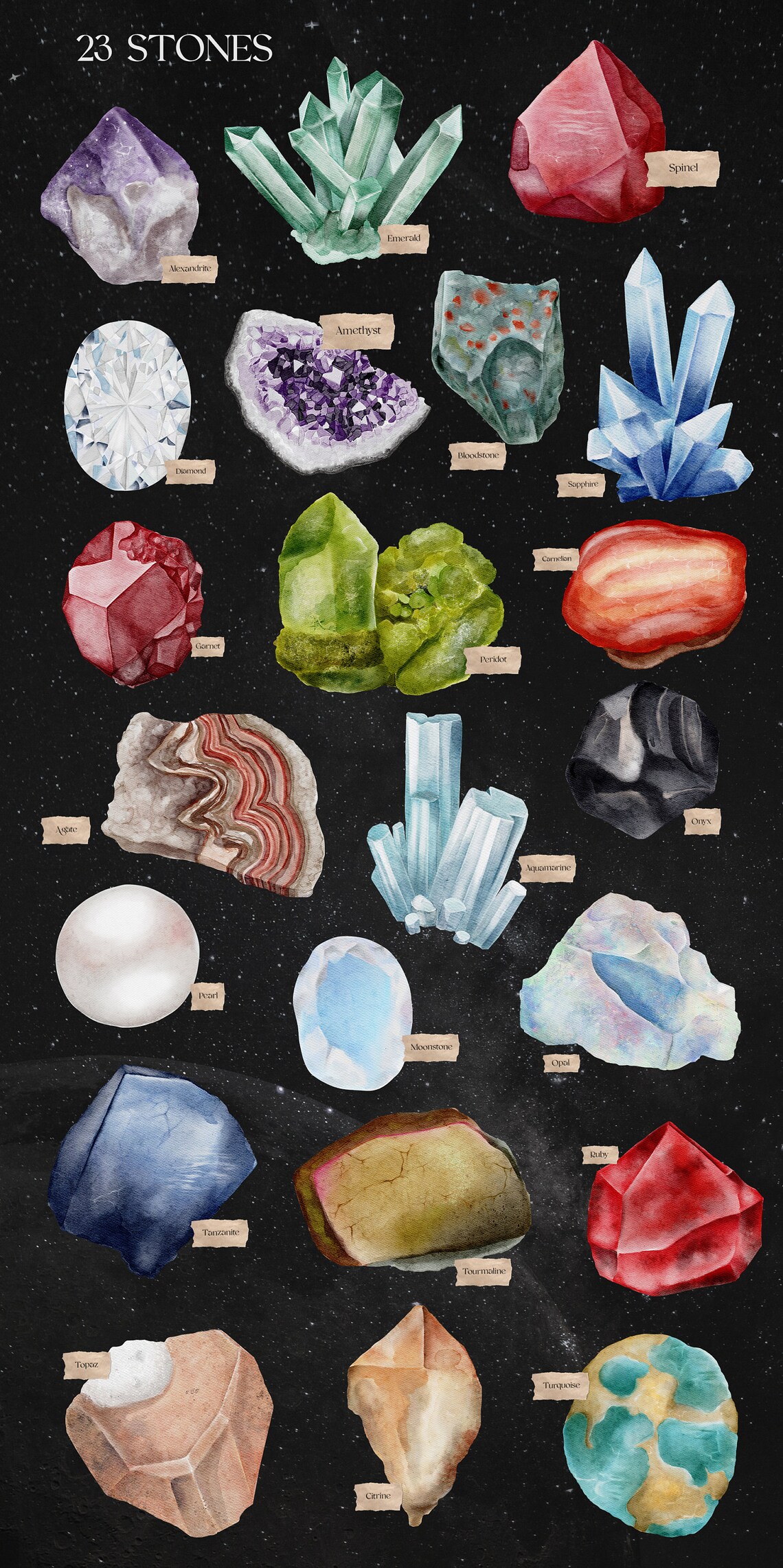 Watercolor Birthstones & Moon Phases Collection Birthstone - Etsy