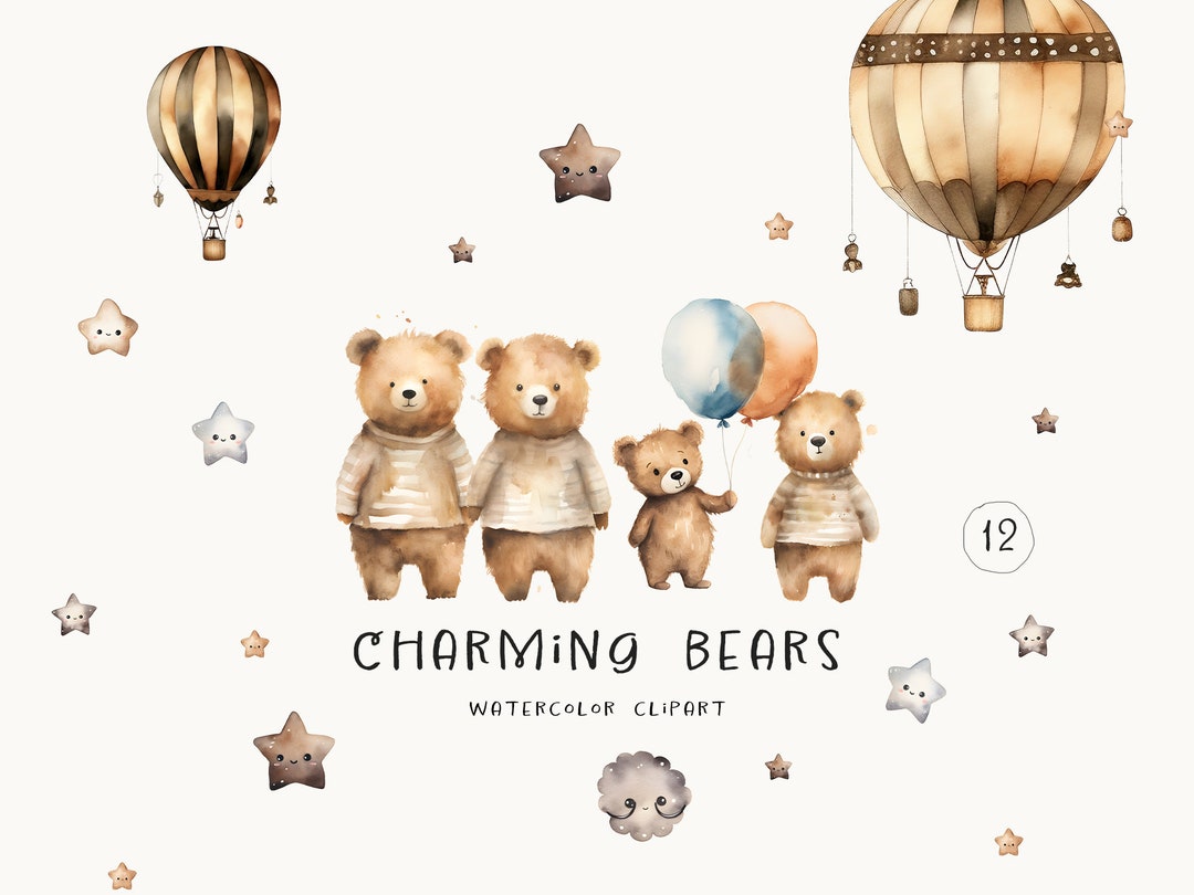 Charming Hand Painted Watercolor Bears & Stars Clipart. Baby Boy, Girl ...
