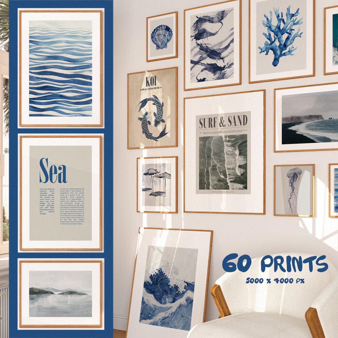 Coastal Wall Art Prints: Navy Blue Beach House Decor (set of 60 ...
