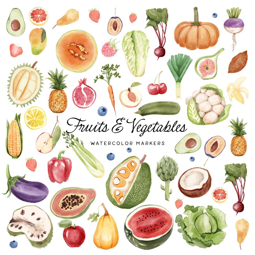 Watercolor Fruits & Vegetables Clip Art, Summer Clipart, Berries ...