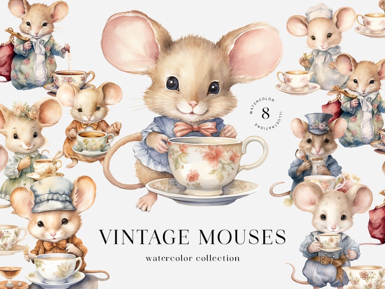 Watercolor Mouse Clipart Mouse and Cups Clipart Cute - Etsy
