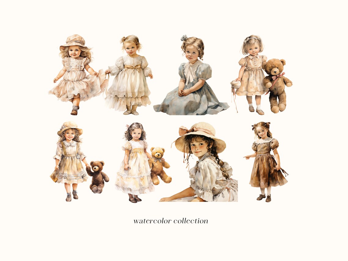 Vintage Watercolor Girl Clipart. Vintage Bundle Baby (Download Now) - Etsy