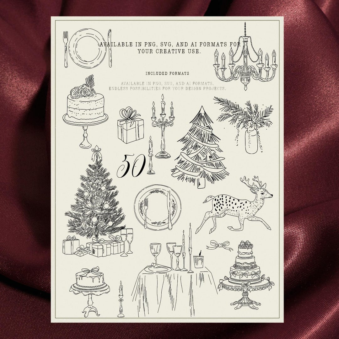 Christmas Line Art Clipart: Vintage Hand-drawn Illustrations (PNG, SVG ...