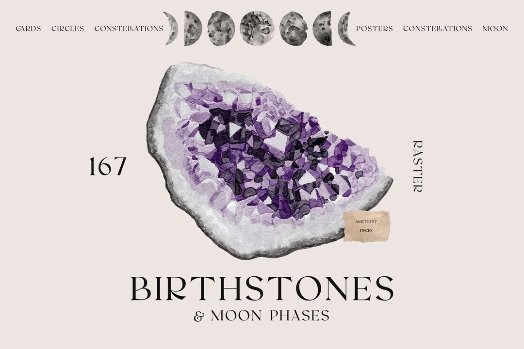 Watercolor Birthstones & Moon Phases Collection Birthstone Chart Print ...
