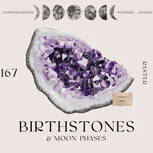 Watercolor Birthstones & Moon Phases Collection Birthstone Chart Print ...