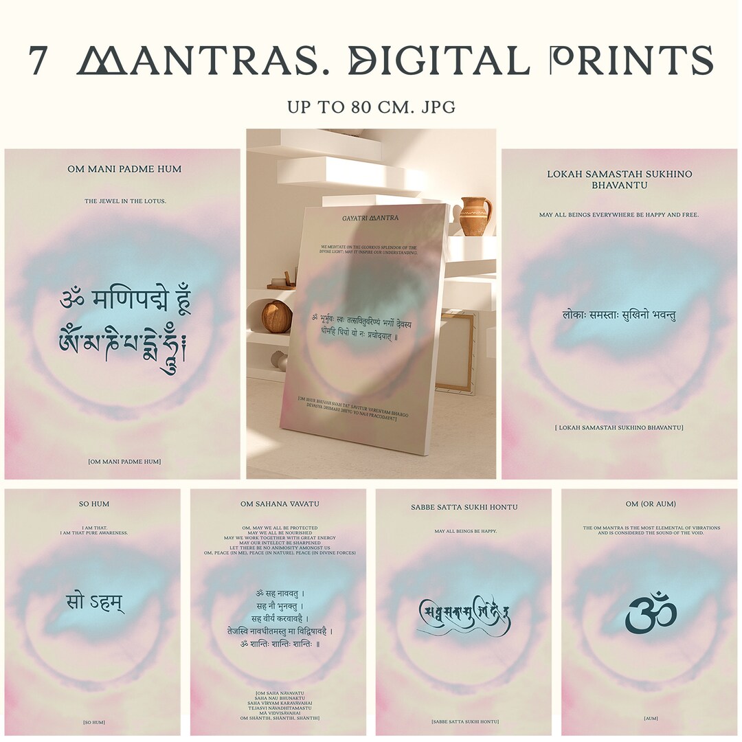 7 Vibrant Mantras. Spiritual Wall Art. Aesthetic Gayatri, Shanti Mantra ...